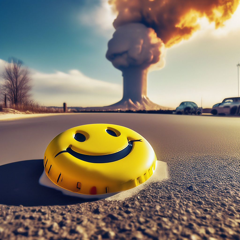"The smiley face is lying on the asphalt, with a nuclear explosion in ...