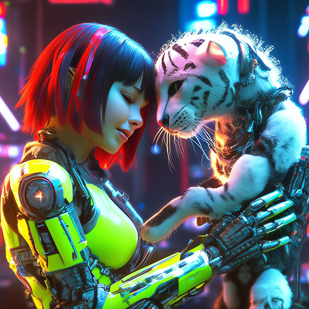 "Emotions cyberpunk xenomorph robot girl in full height, stroking a ...