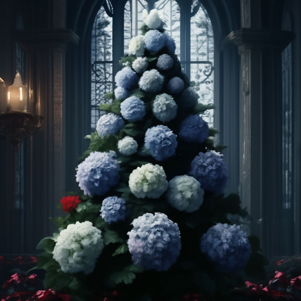 "Christmas tree of blooming hydrangeas" — image created in Shedevrum