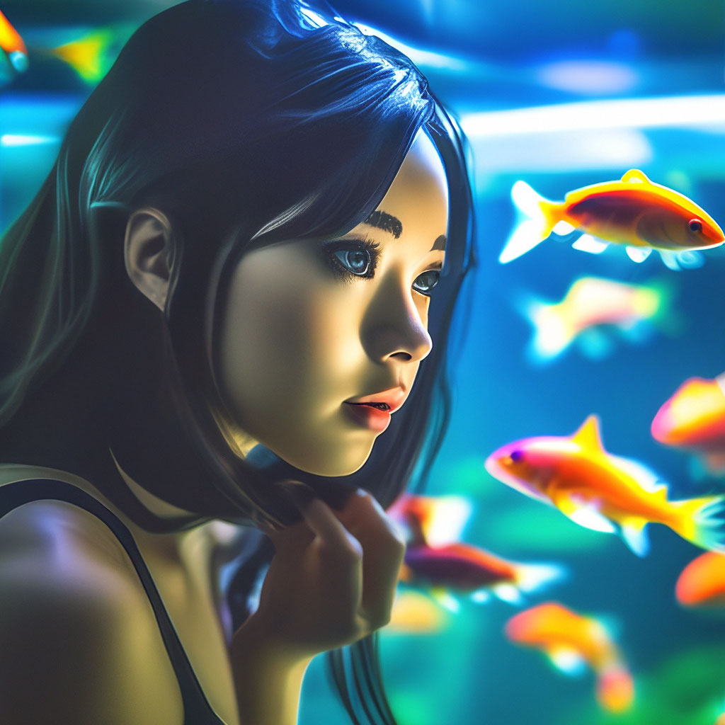 ""Aquarium" a beautiful girl looks through an aquarium with fish into ...