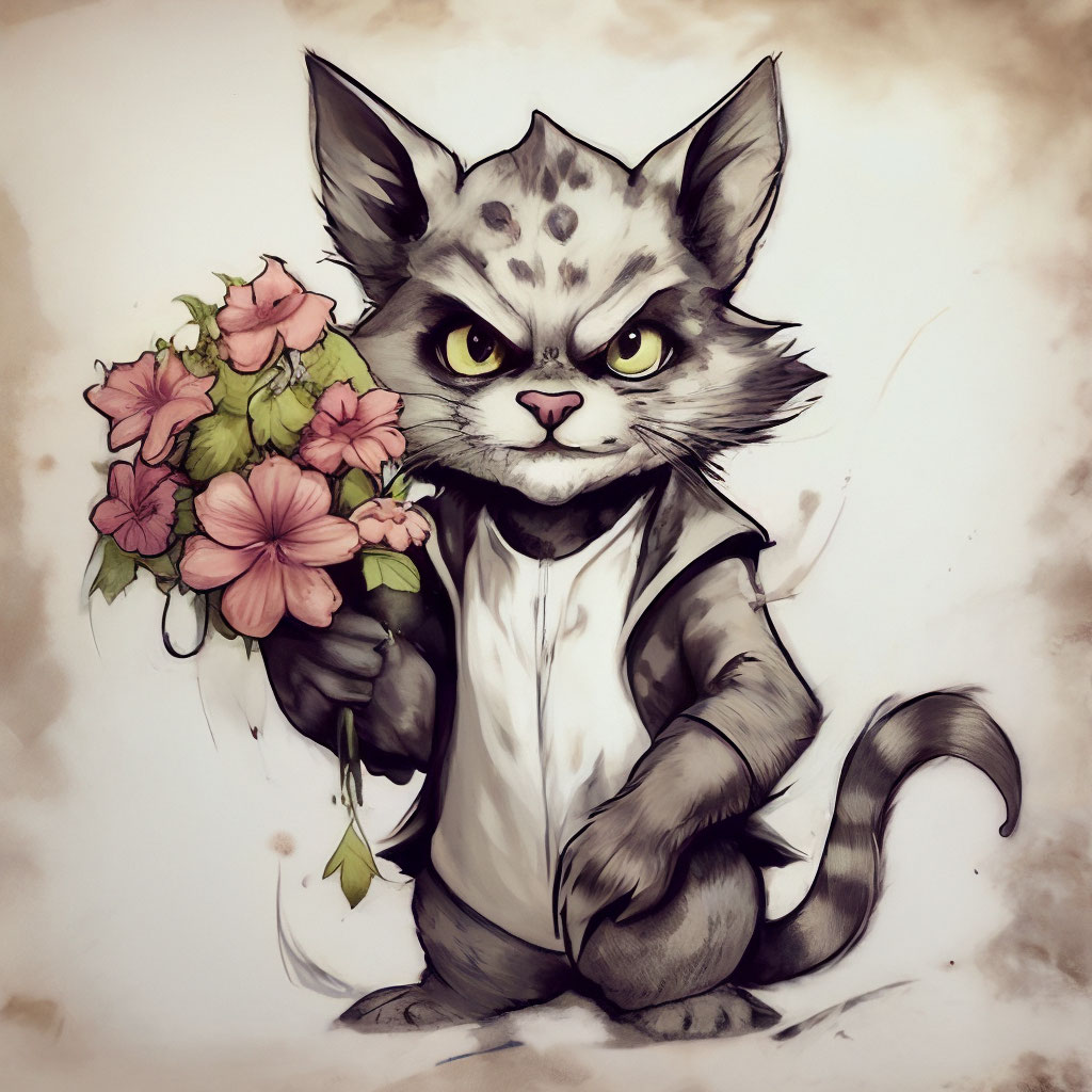 "Suspicious cartoon bandit cat holding out flowers, grotesque, sketch ...