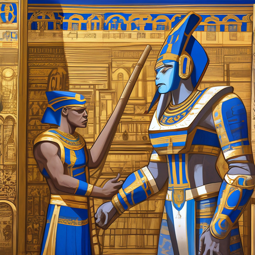 "Pharaoh and robot, an ancient Egyptian fresco" — image created in ...
