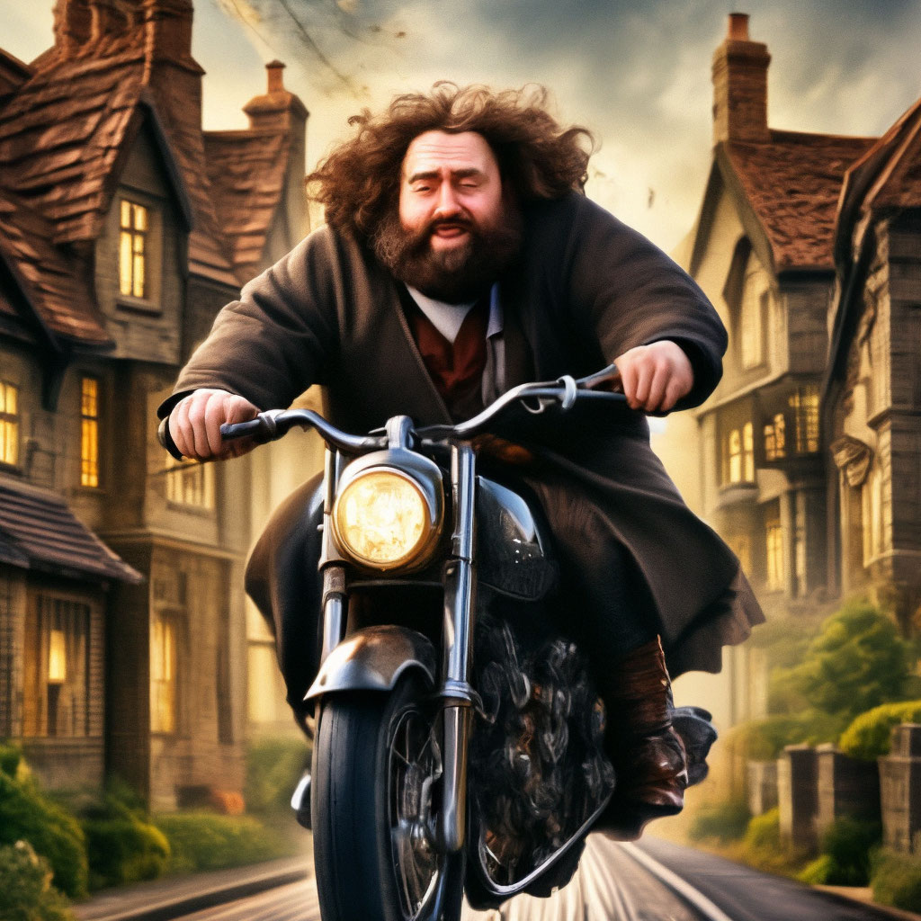 "Hagrid on a flying motorcycle over Privet Drive" — image created in ...