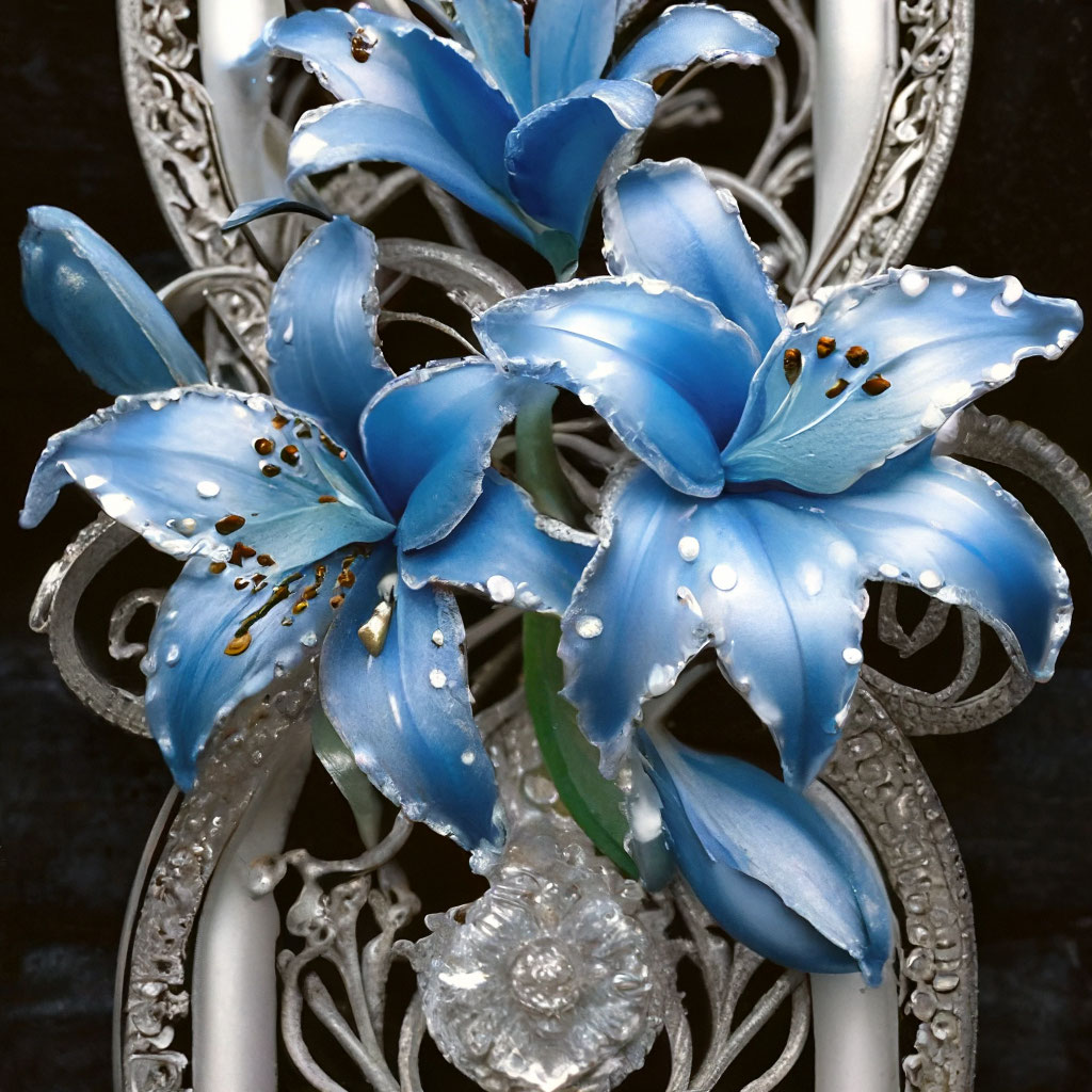"Blue lilies with a border of silver + petals of mother-of-pearl mist ...