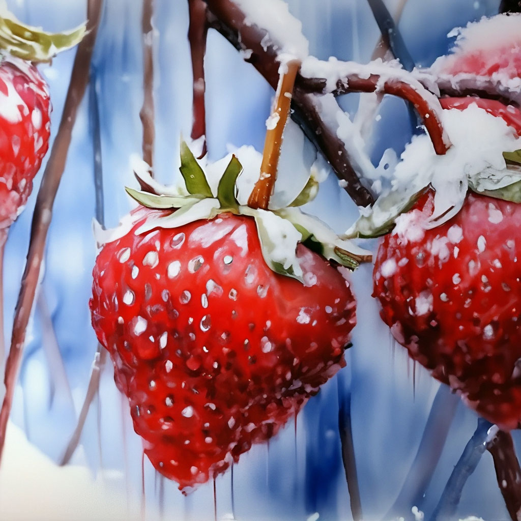 "Winter strawberries watercolor drawing with fine strokes on silk ...