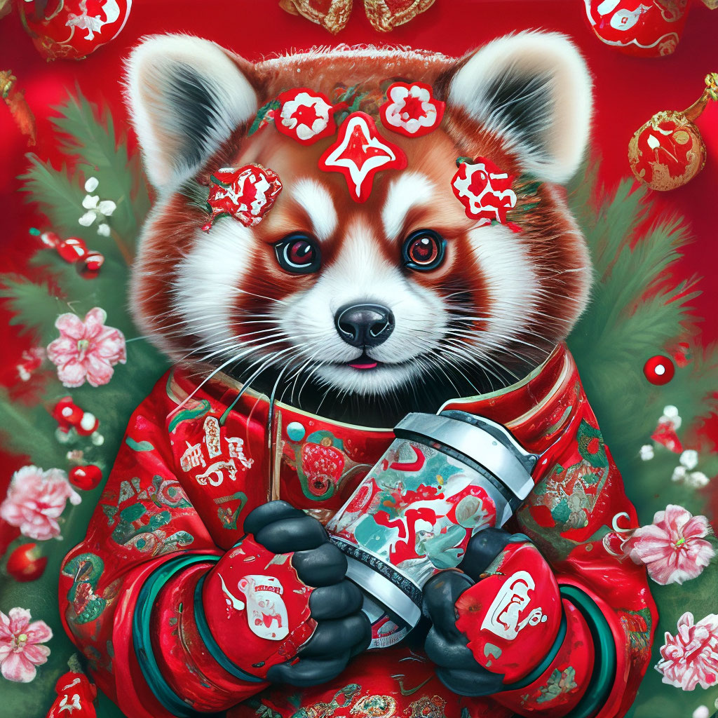 "New Year's red panda with a tattoo machine in a paw and gloves on a ...