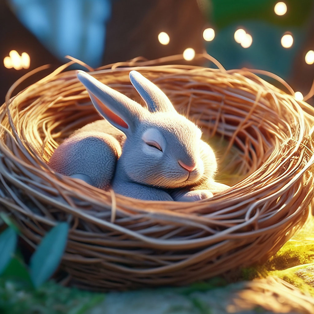 "Cute rabbit sleeps in a bird's nest Professional photo,high detail ...