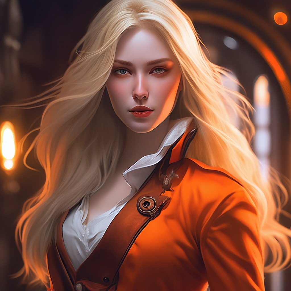 "Long blonde hair, pale skin, red eyes, orange suit, aesthetically ...