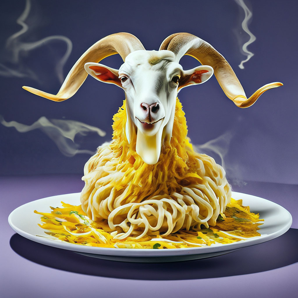 "Above the plate, doshirak noodles in the shape of a goat, fried bulge ...