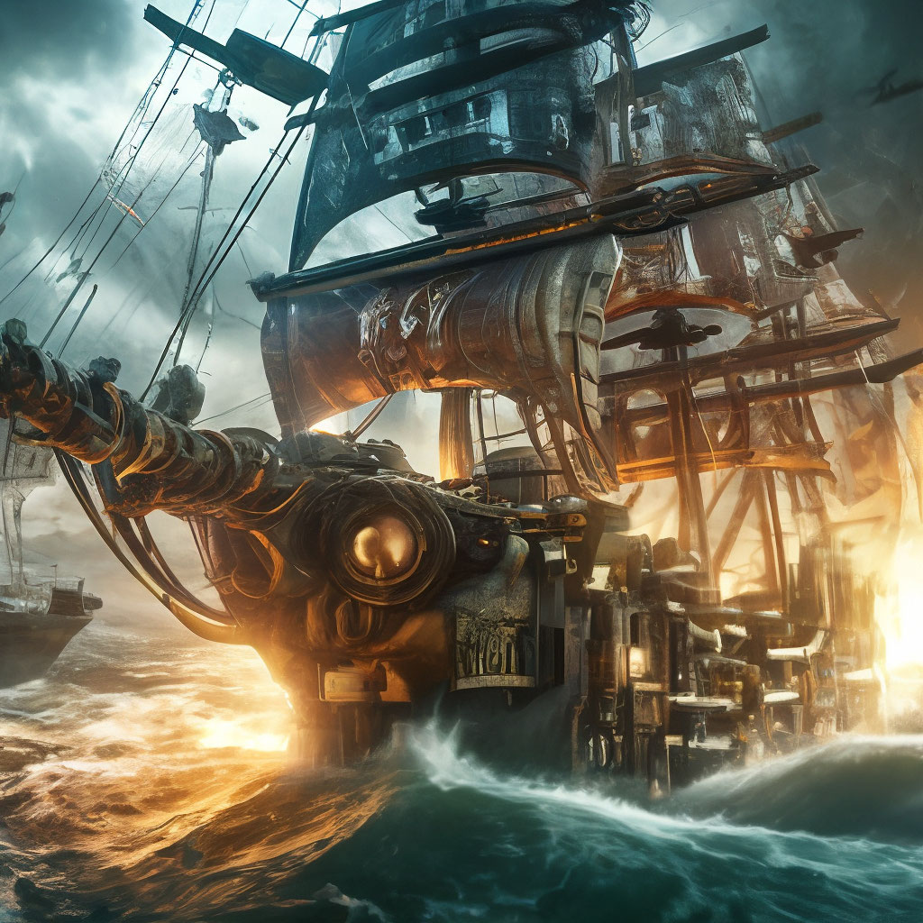"Biomechanical sailing pirate ship plows the ocean during a storm ...