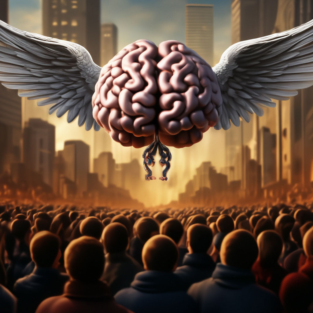 "A cute little brain with angel wings is flying over a crowd of people ...