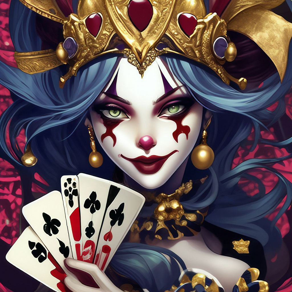 "Beautiful realistic harlequin girl,jester,holding a fan of playing ...