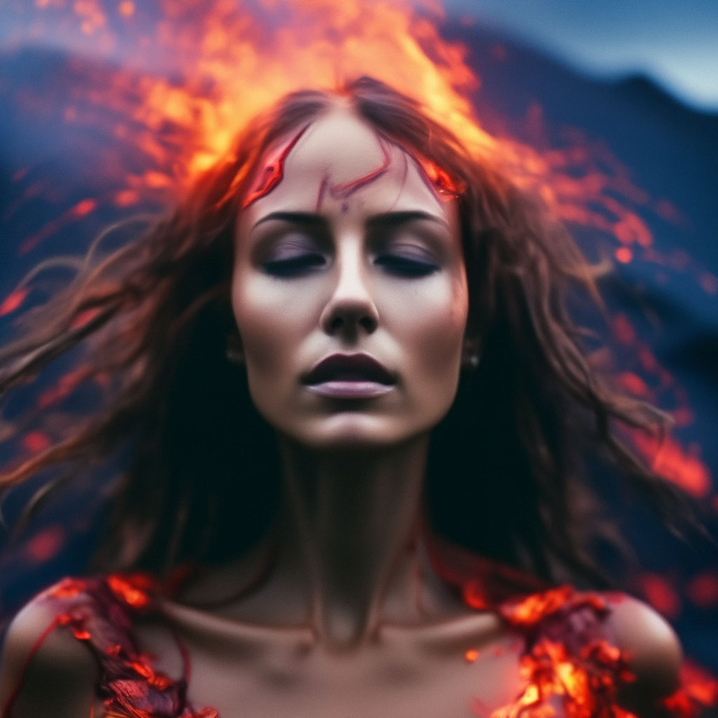 "A woman's body inside a volcano a dress from a volcano on her head ...