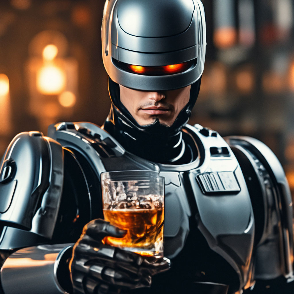 "RoboCop from the movie Robocop 1987, holding a glass of whiskey with ...