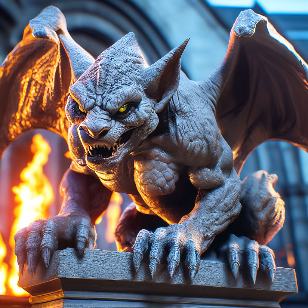 "Very aggressive evil live gargoyle, with big fluffy wings, background ...