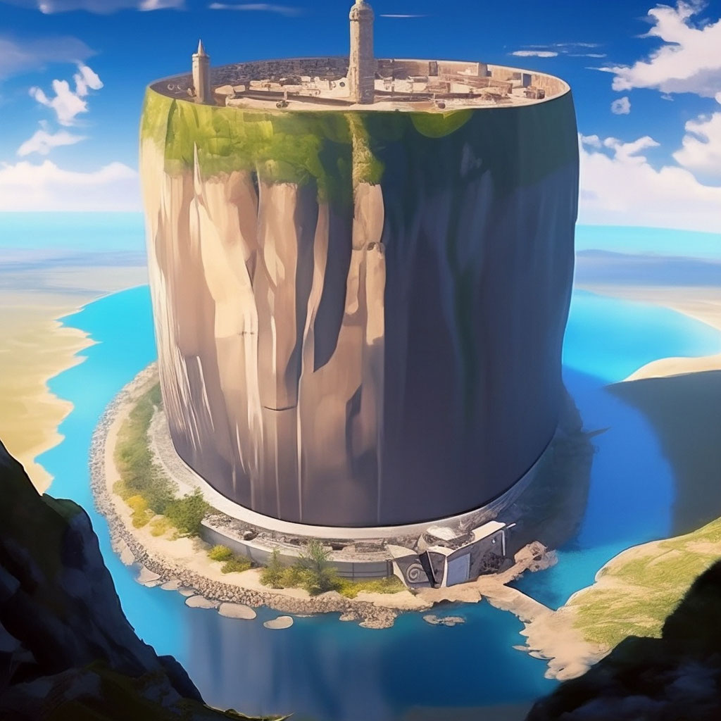 "High cylindrical rock, panoramic view, there is a prison on it, there ...