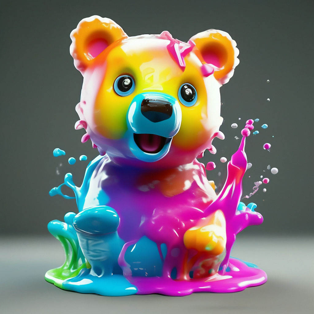 "A live multicolored blob with eyes, turned into a bear cub, lots of ...
