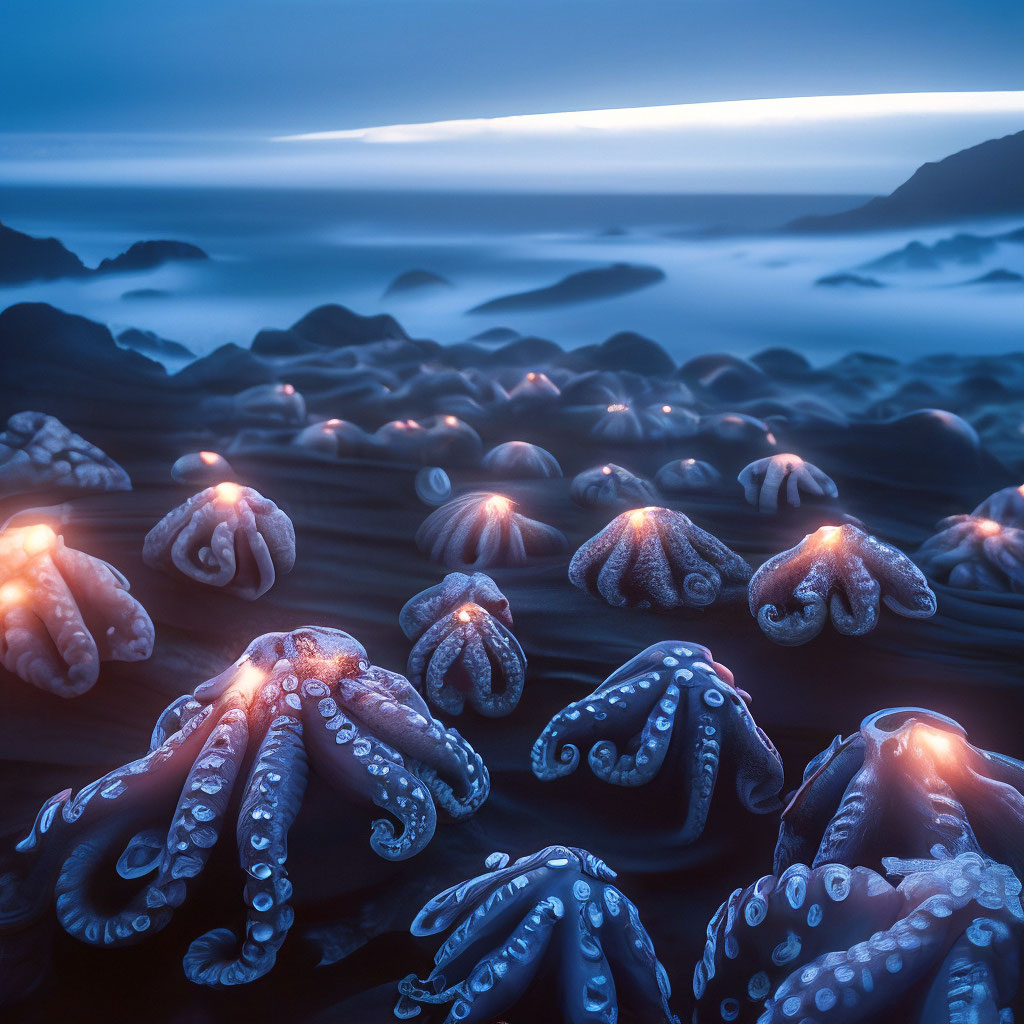 "Lots of octopuses peek out of the sea" — image created in Shedevrum