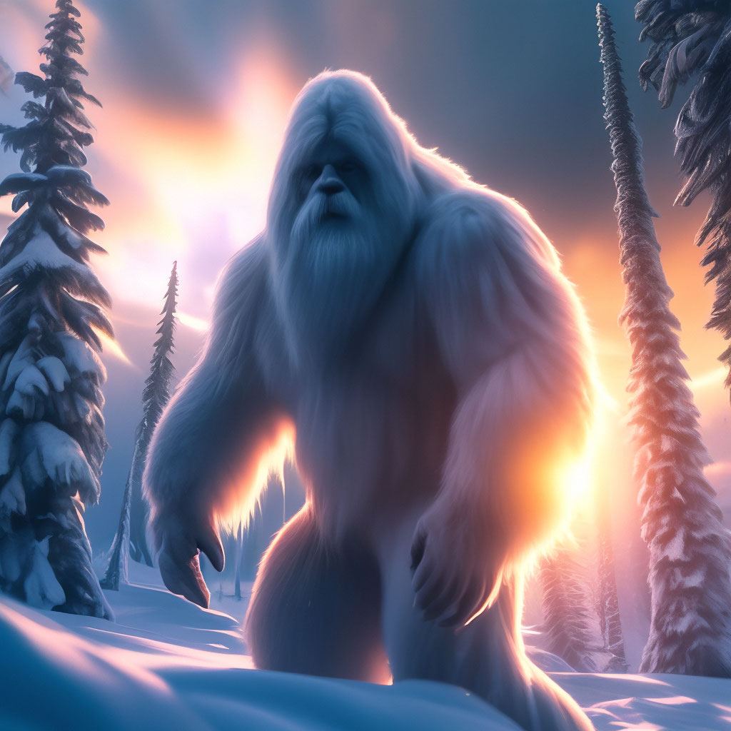 "Winter forest, bigfoot, yeti, fluffy clouds, rays of the sun ...