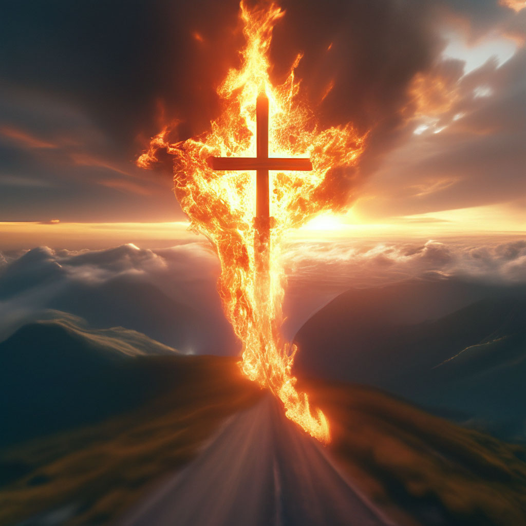 "A flaming cross, like the right hand of Heaven Everything is swept ...