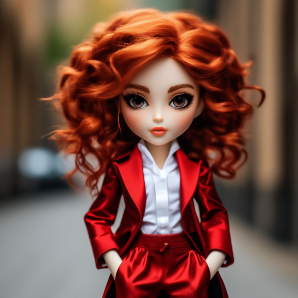 "Collectible doll with huge brown eyes, red hair, full height, in a red ...