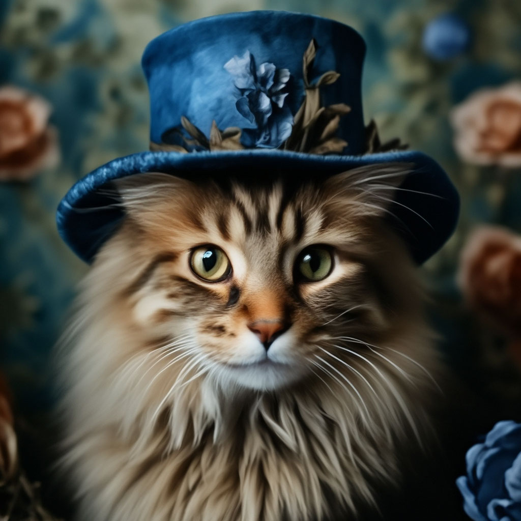 "🐱 cute cat in a blue hat on a floral background" — image created in ...