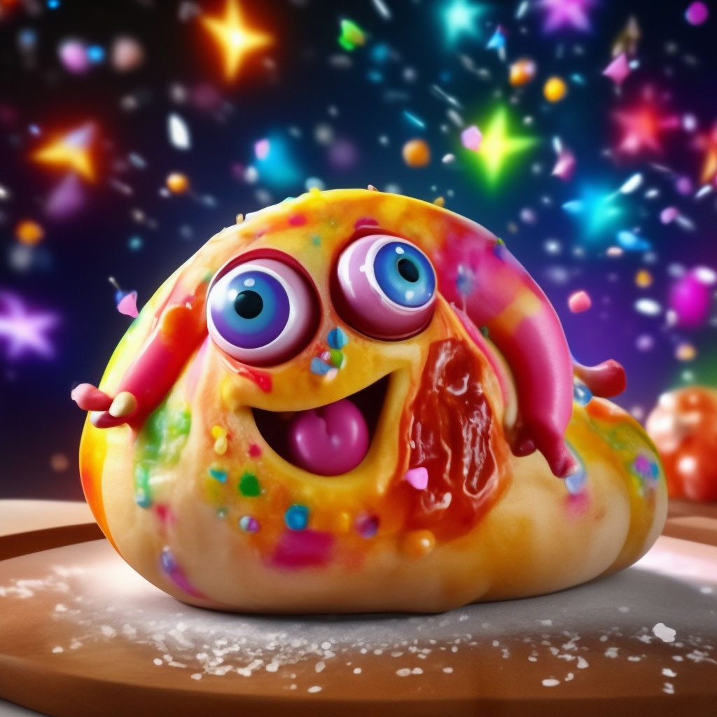 "Live multicolored blob with eyes, turned into a sausage in the dough ...