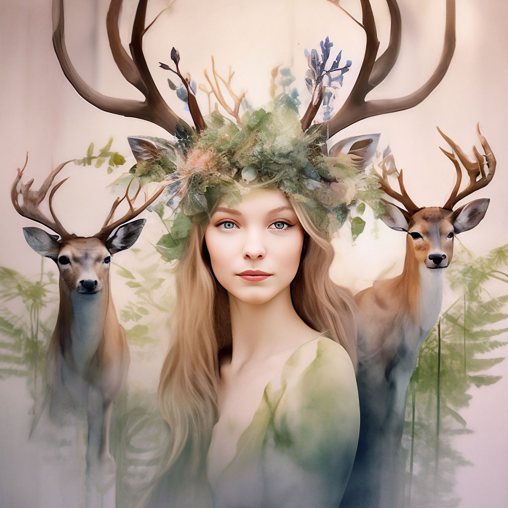 "Multicomposition.An overlay.watercolor,ink, Deer girl,forest nymph ...