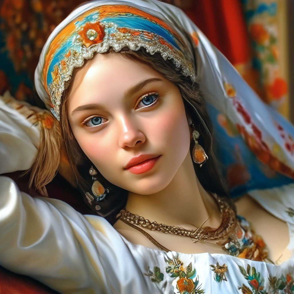 "🤍🤍🤍 Oil painting with fine ink drawing, pretty woman, complex braids ...