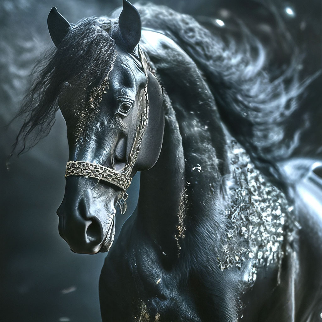 "Stately black horse, arched neck, long developing mane, gloss ...