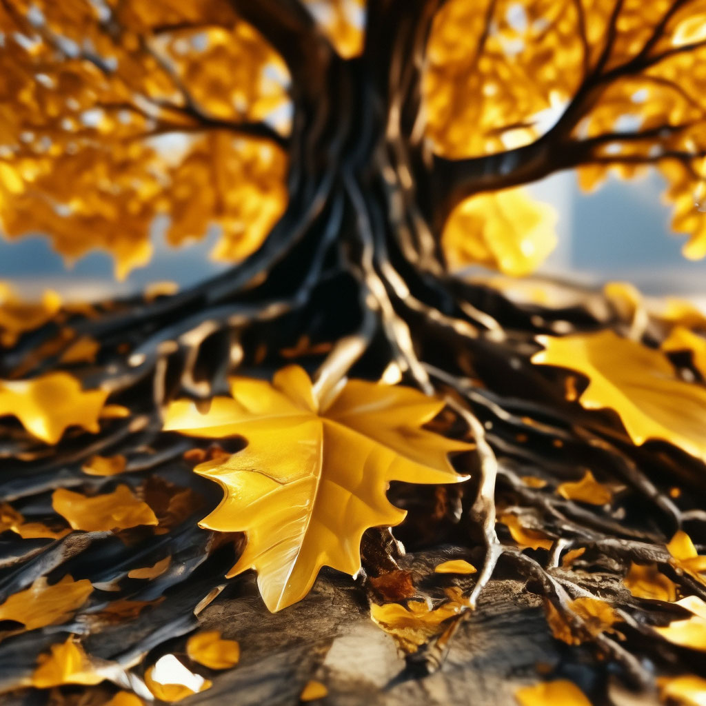 "Amber tree, golden roots, aesthetically pleasing, beautiful, realistic ...