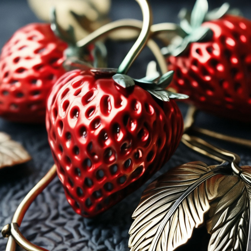 "Close-up. lustrous metal strawberries. filigreed." — image created in ...
