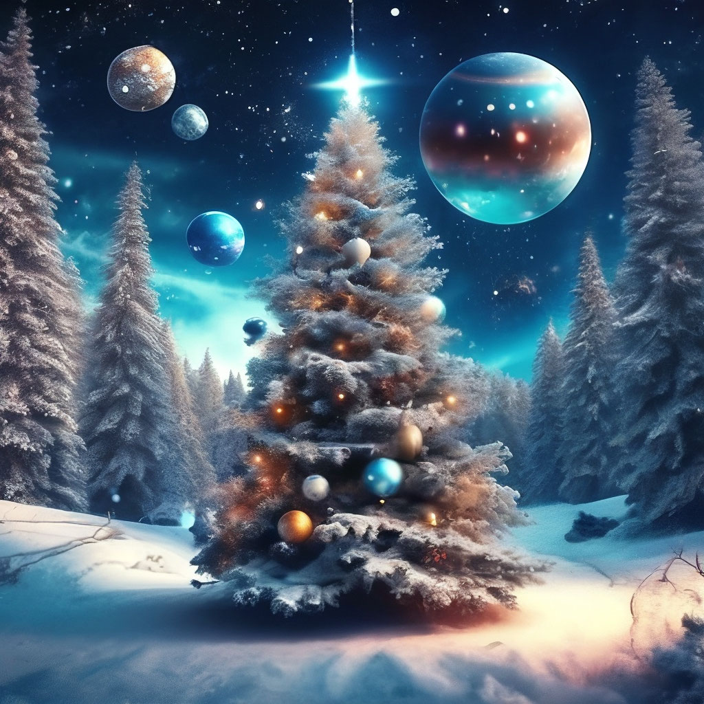 "Christmas tree with balloons from planets and galaxies and garlands ...