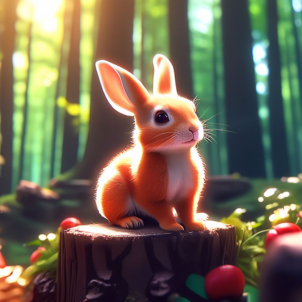 "A ruddy bun sits on a stump in the forest very beautifully in anime ...
