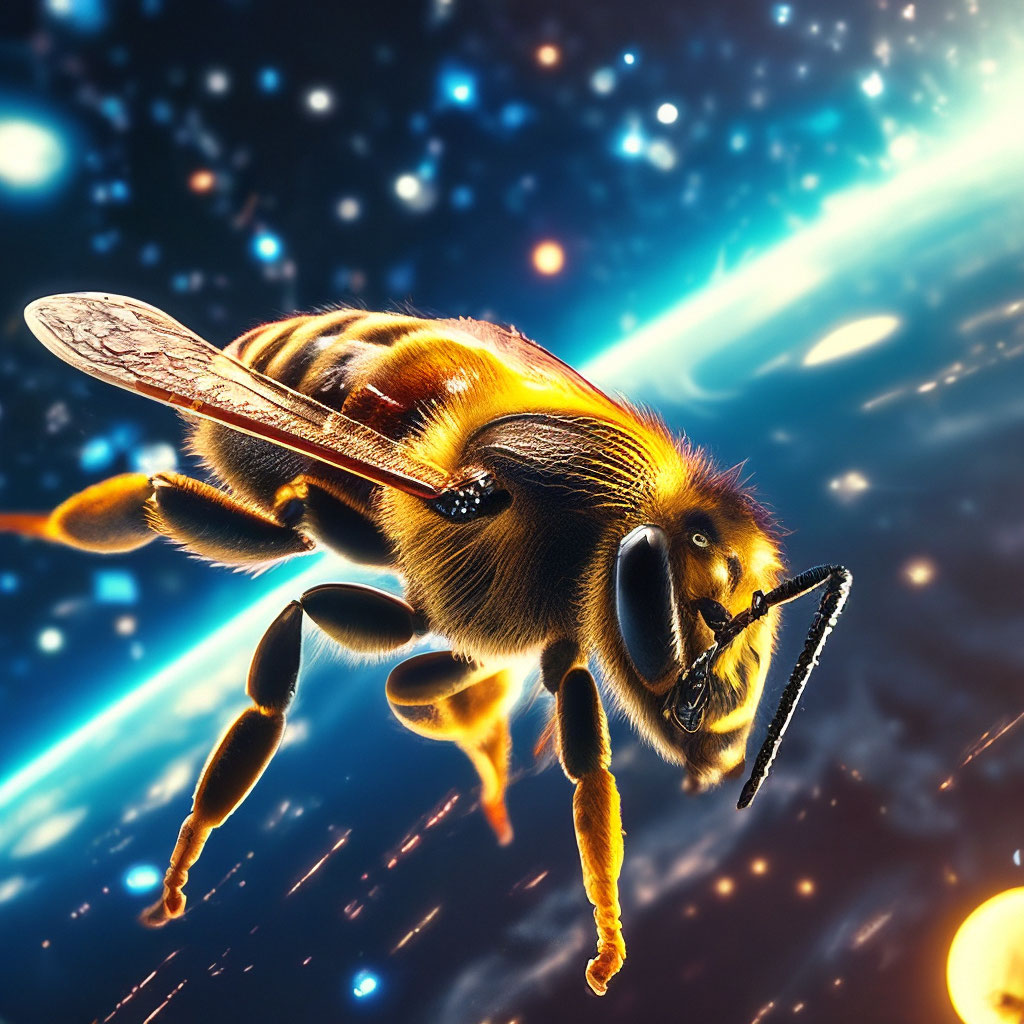 "A big bee is flying, stars and planets are shining from the sky ...