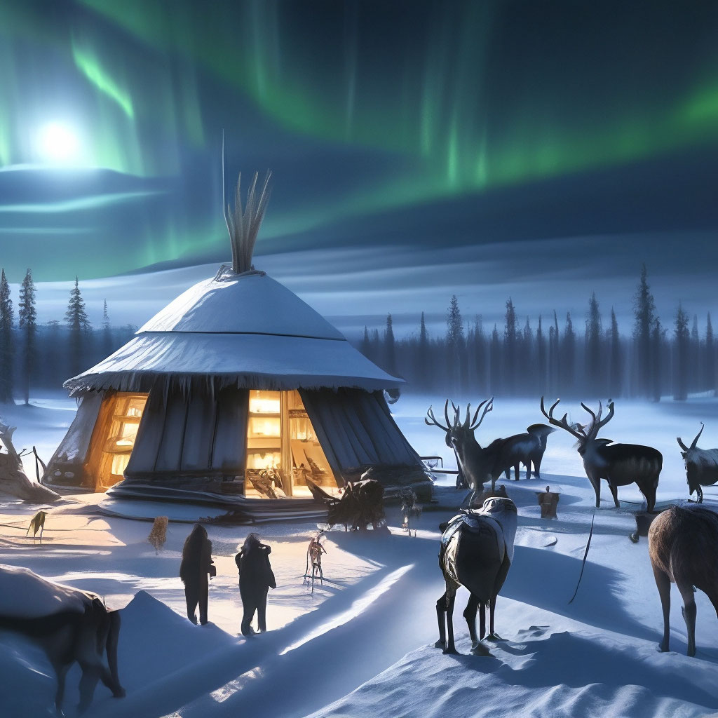 "Moonless night in the tundra, northern lights, yurt, eskimos, cold ...