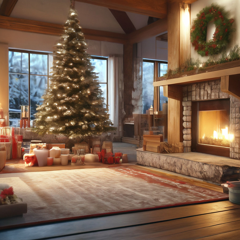 "Wooden house, fireplace, fir tree, gifts, carpet. Hyper realistic ...