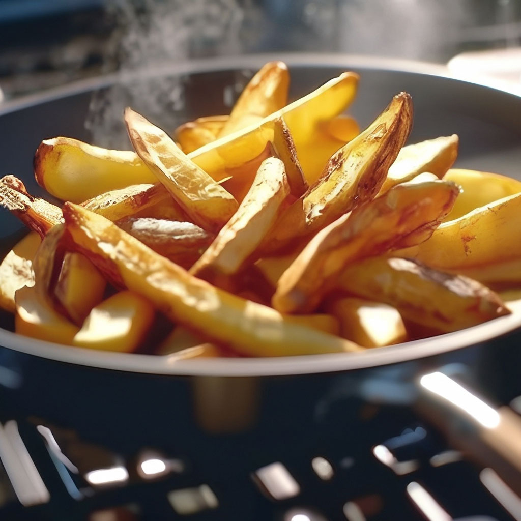 "French fries in a frying pan, beautiful, realistic, 4k, close-up the ...