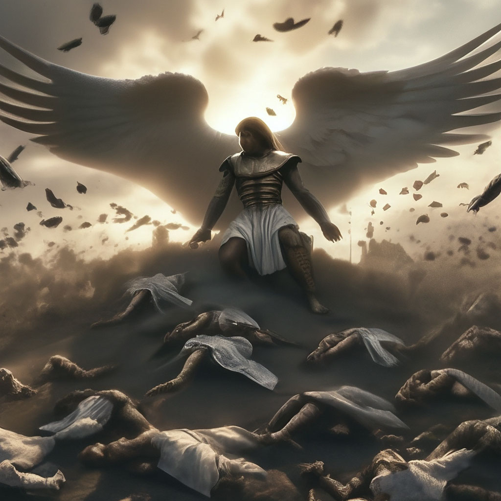"An angel covers the fallen on the battlefield with his wings" — image ...