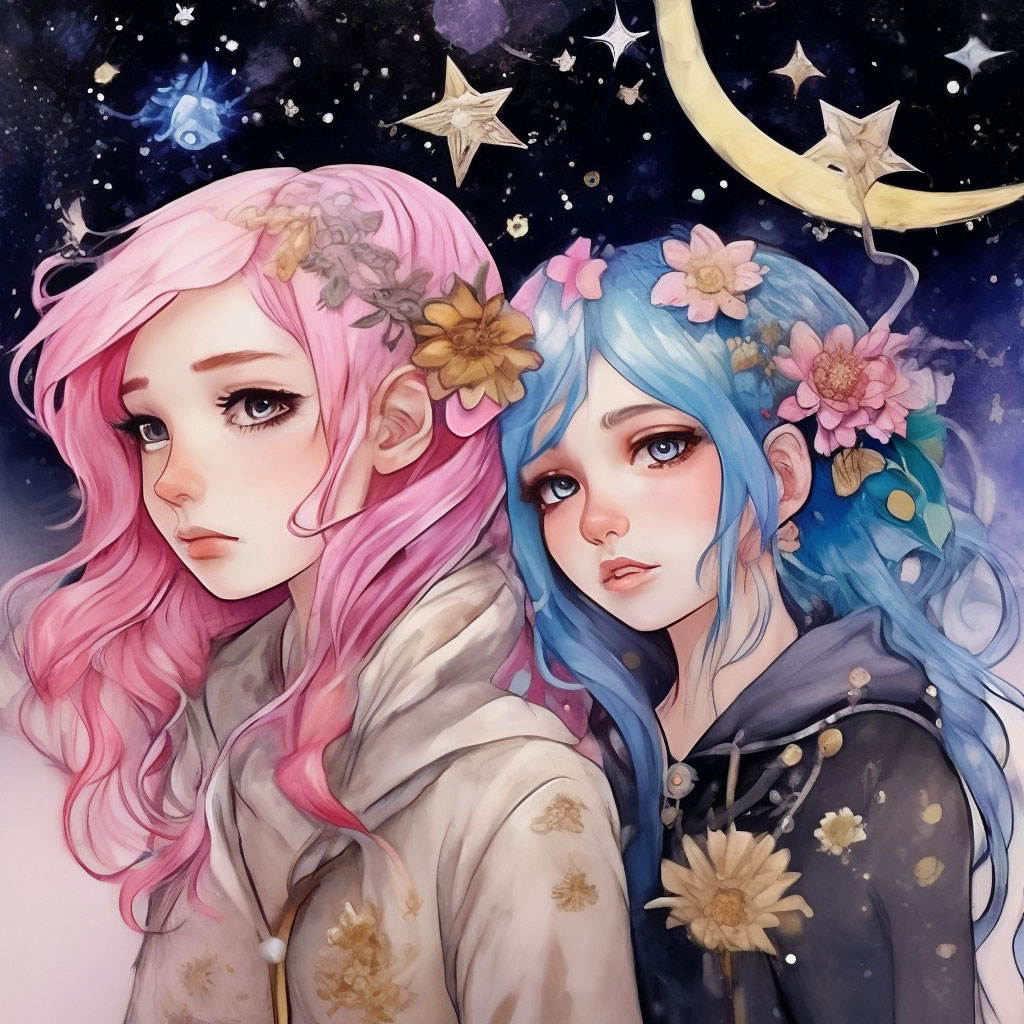 "Beautiful emo girls with colored hair, flower. Microdetalization ...