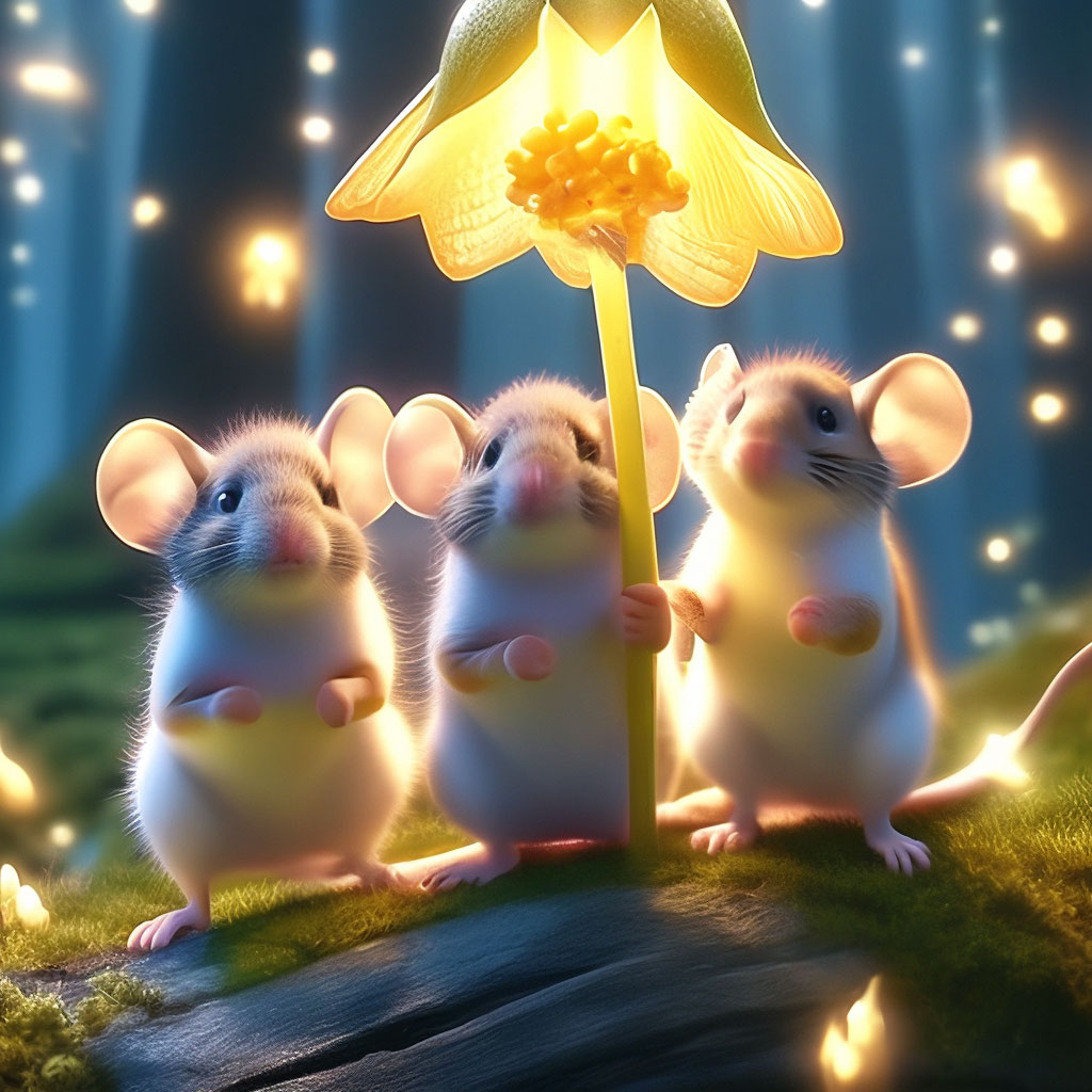 "Three mice, real, magical, mystical, stand in a magical forest, under ...