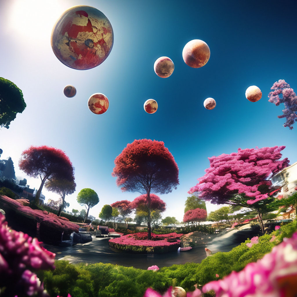 "Mini planets fly in space, one planet with palm trees, the second with ...