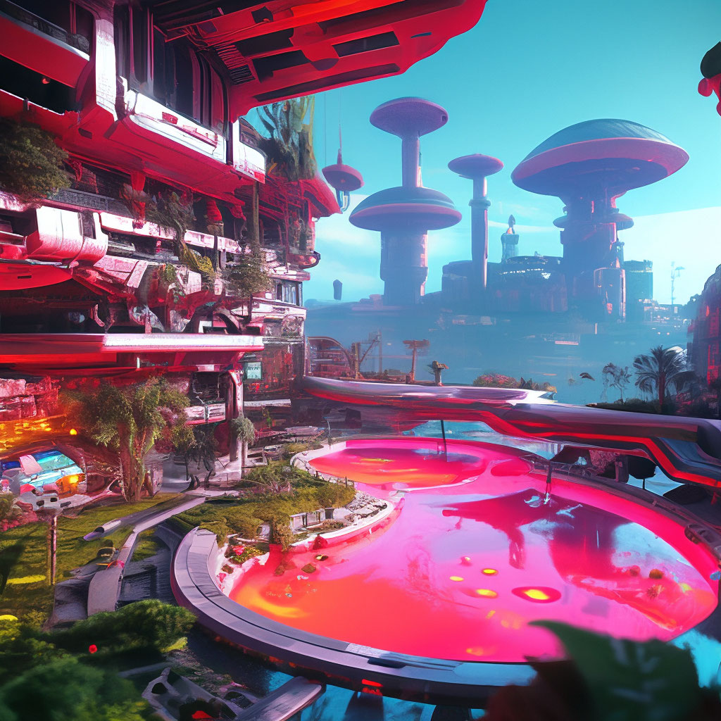 "Cyberpunk island, acid pool" — image created in Shedevrum