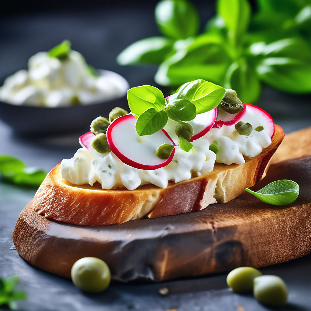 "Bruschetta with cottage cheese,radish slices,capers,basil,appetizing ...