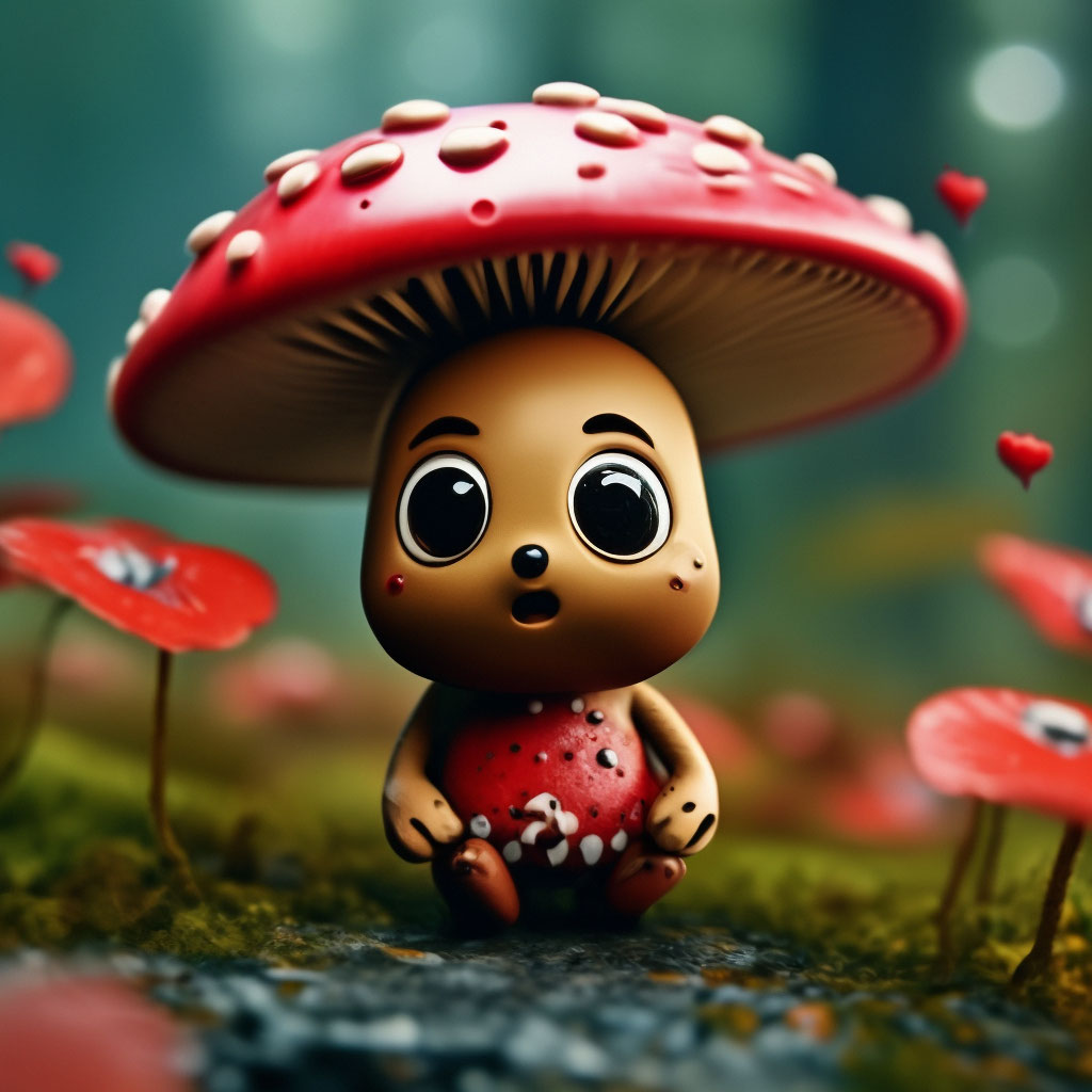 "Charming potato, big eyes, embraces a cute fly agaric, peace ...