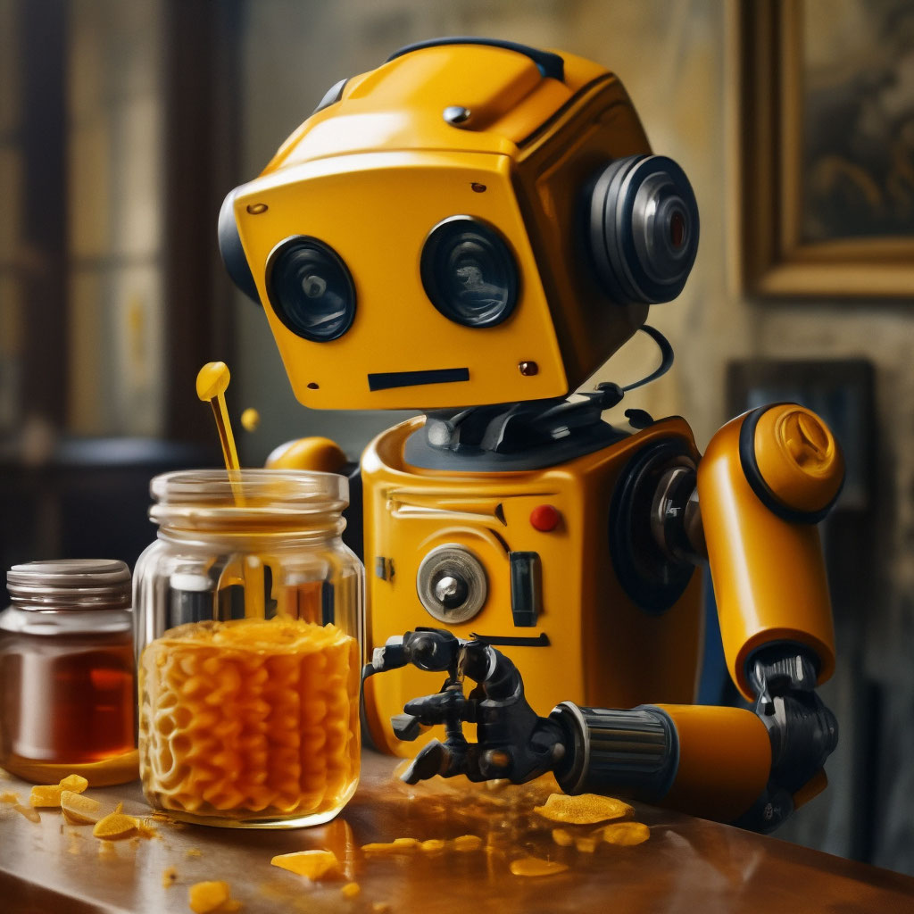 "Electronics robot, honey" — image created in Shedevrum