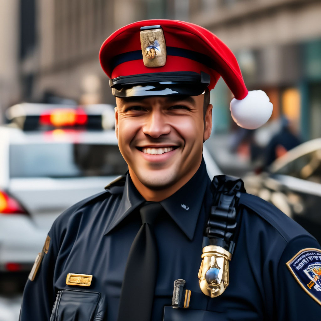"New York City. A policeman in a Santa Claus hat, smiling broadly ...