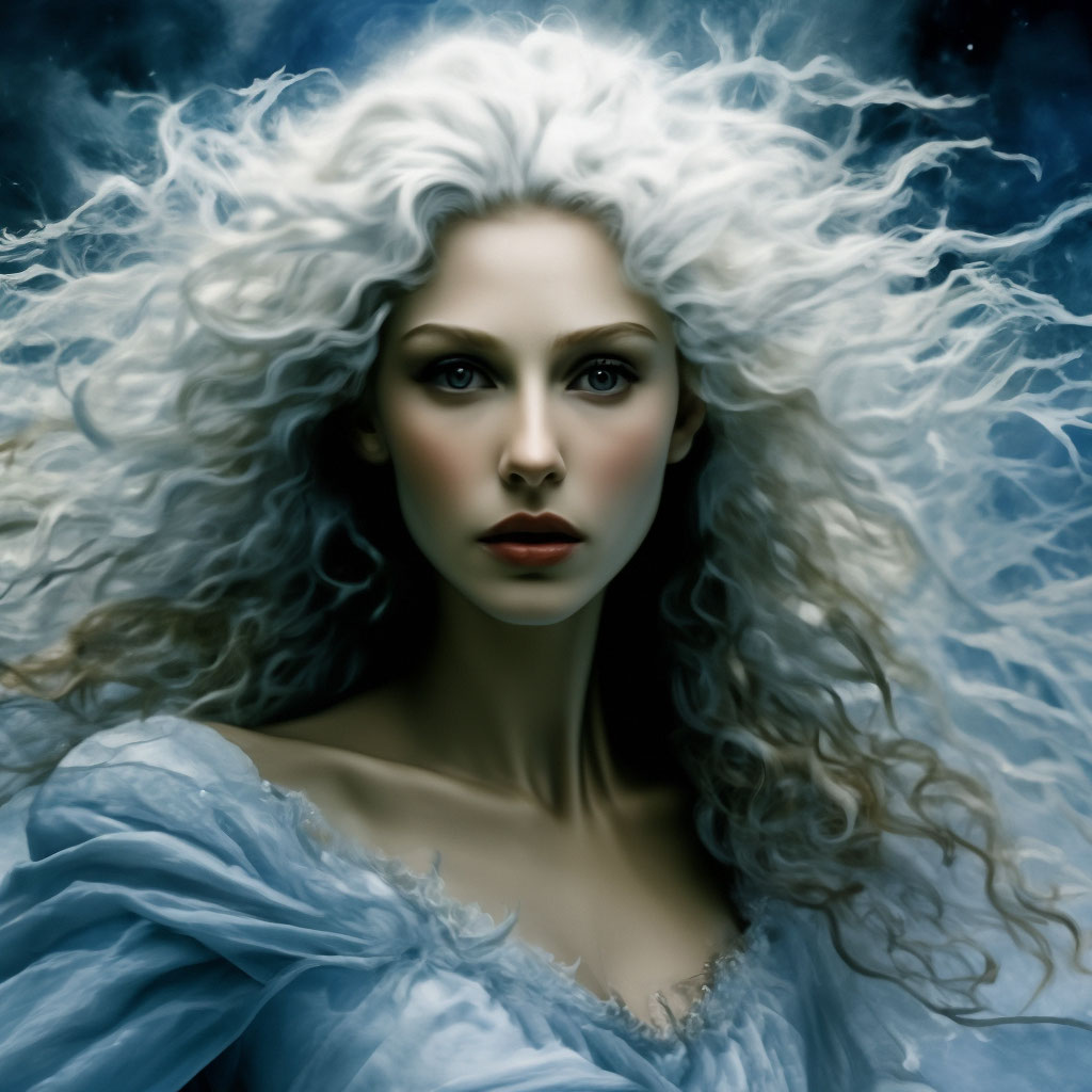 "The snow Queen with white curly hair flies levitating above the ground ...