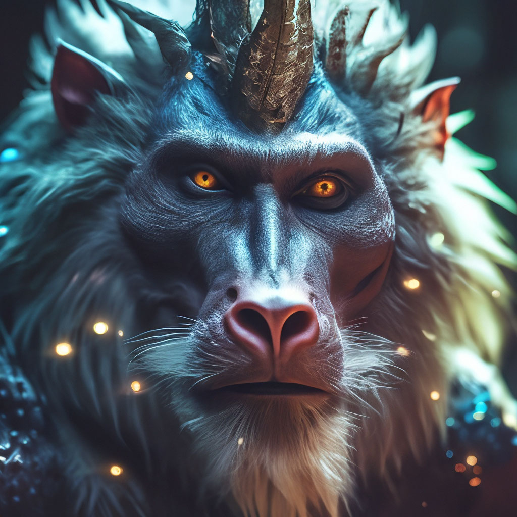 Hyper realistic hybrid mandrill+dragon+man, mysticism, expressive eyes ...
