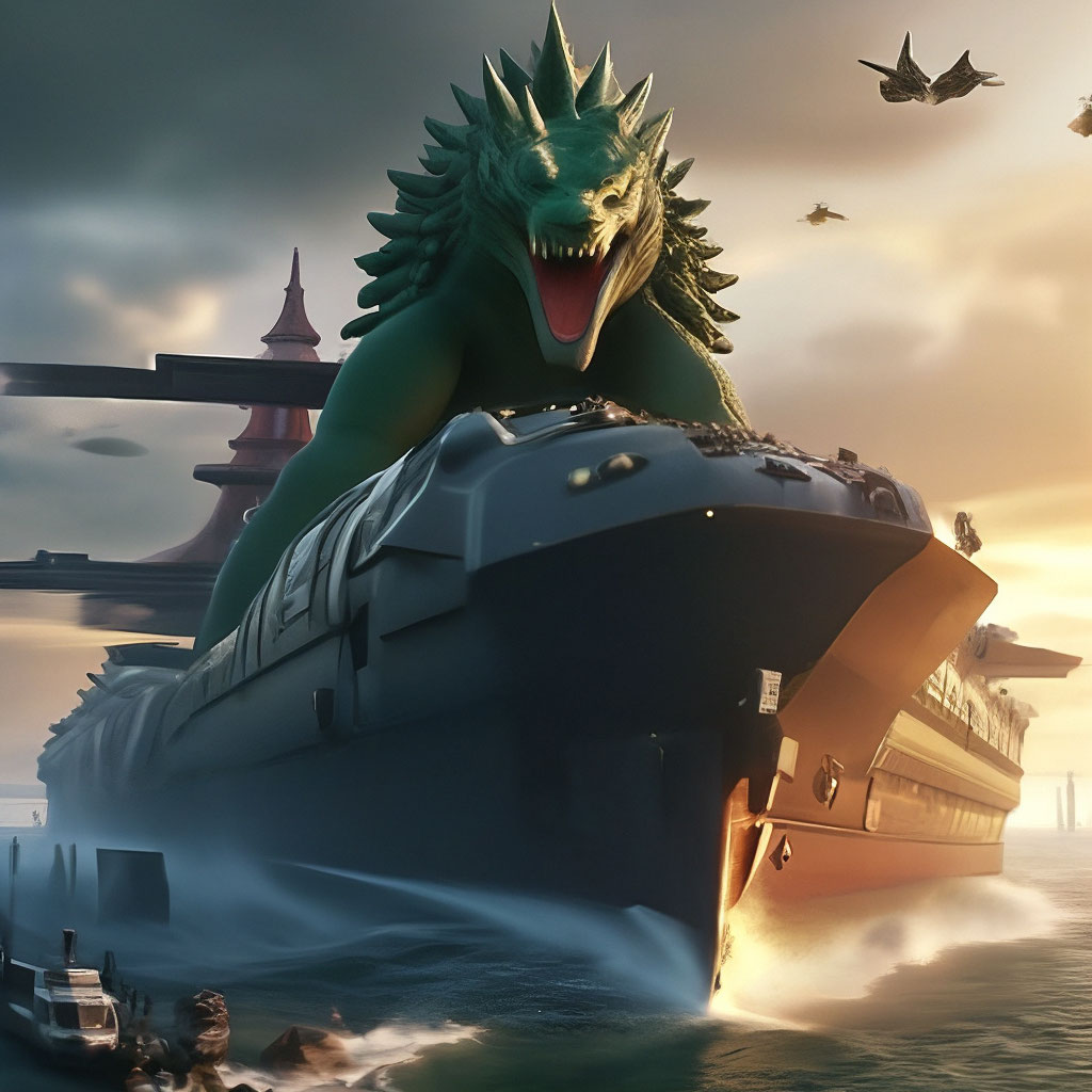 "A huge ship, ship, is transporting Godzilla, around planes are ...